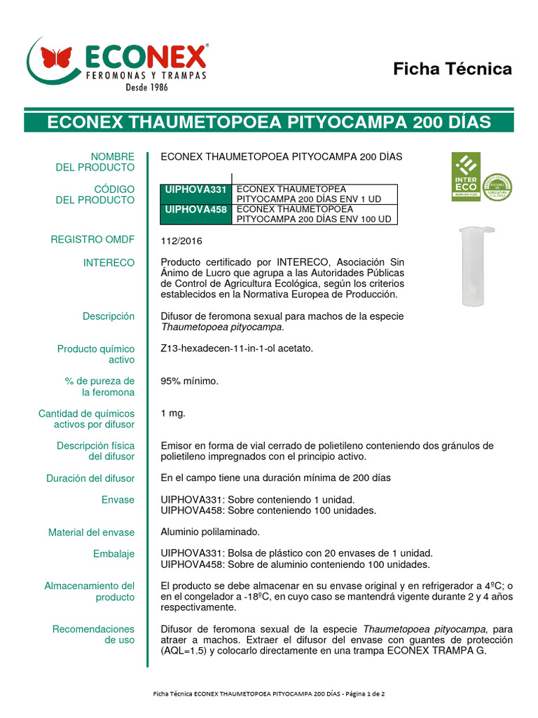 Ficha Técnica Econex Thaumetopoea Pityocampa 200 Días | PDF | Agricultura