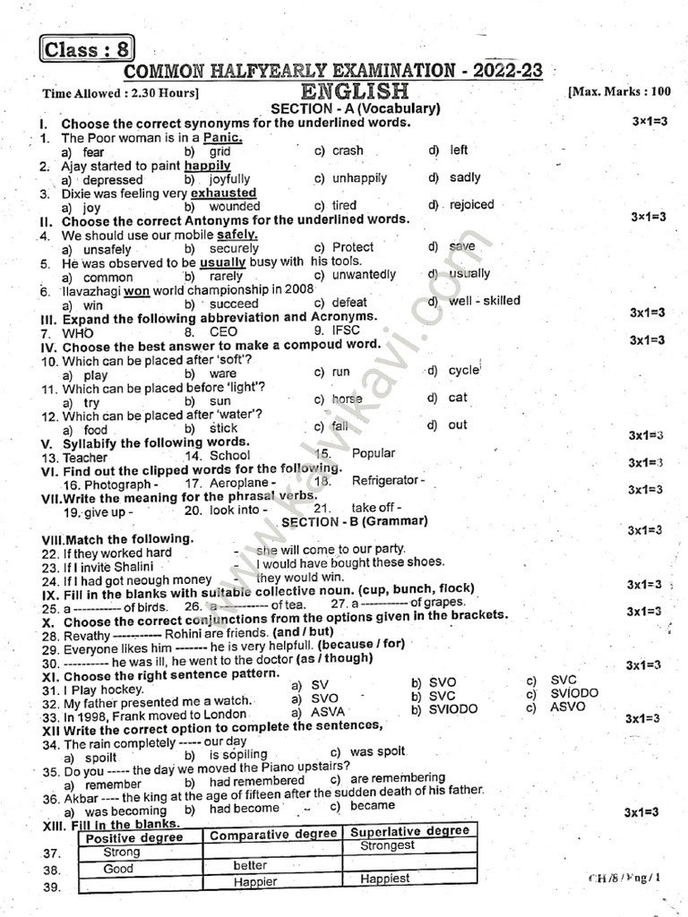 8th-English-Half-Yearly-Exam-2022-Original-Question-Paper-Chennai ...