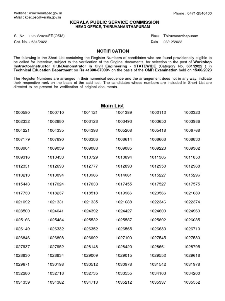 Kerala PSC Workshop Instructor Shortlist | PDF | Government