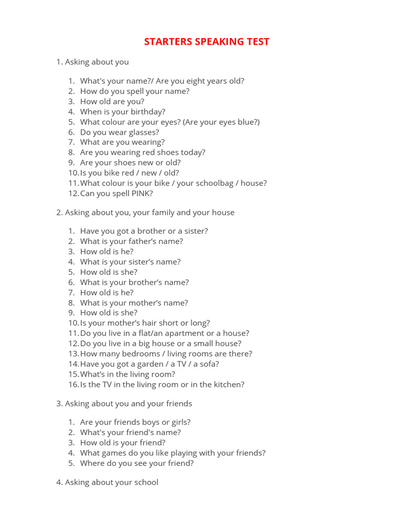 STARTERS SPEAKING TEST | PDF