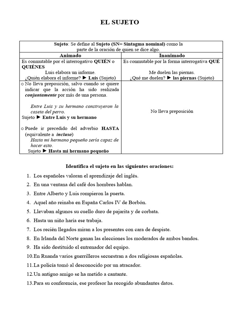 EL SUJETO | PDF | Predicado (Gramática) | Gramática