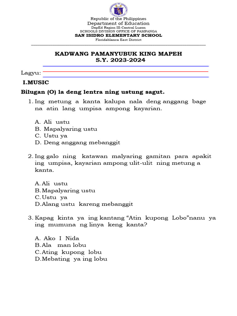 Grade 1 Q2 Mapeh Periodical Test | PDF