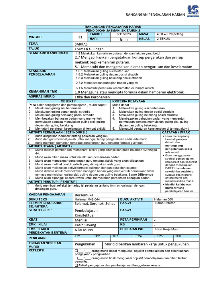 RPH Minggu 28 Pendidikan Jasmani THN 2 | PDF