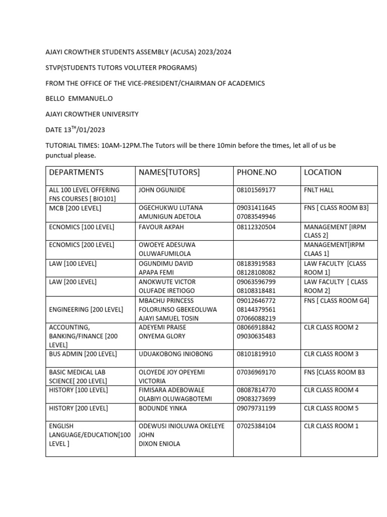 THE TUTORIAL SCHEDULE 1 | PDF