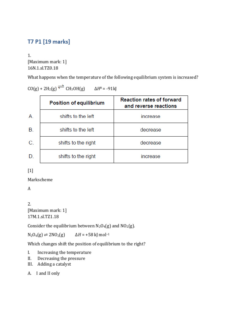T7 P1 (19 Marks) | PDF | Chemical Equilibrium | Branches Of Thermodynamics