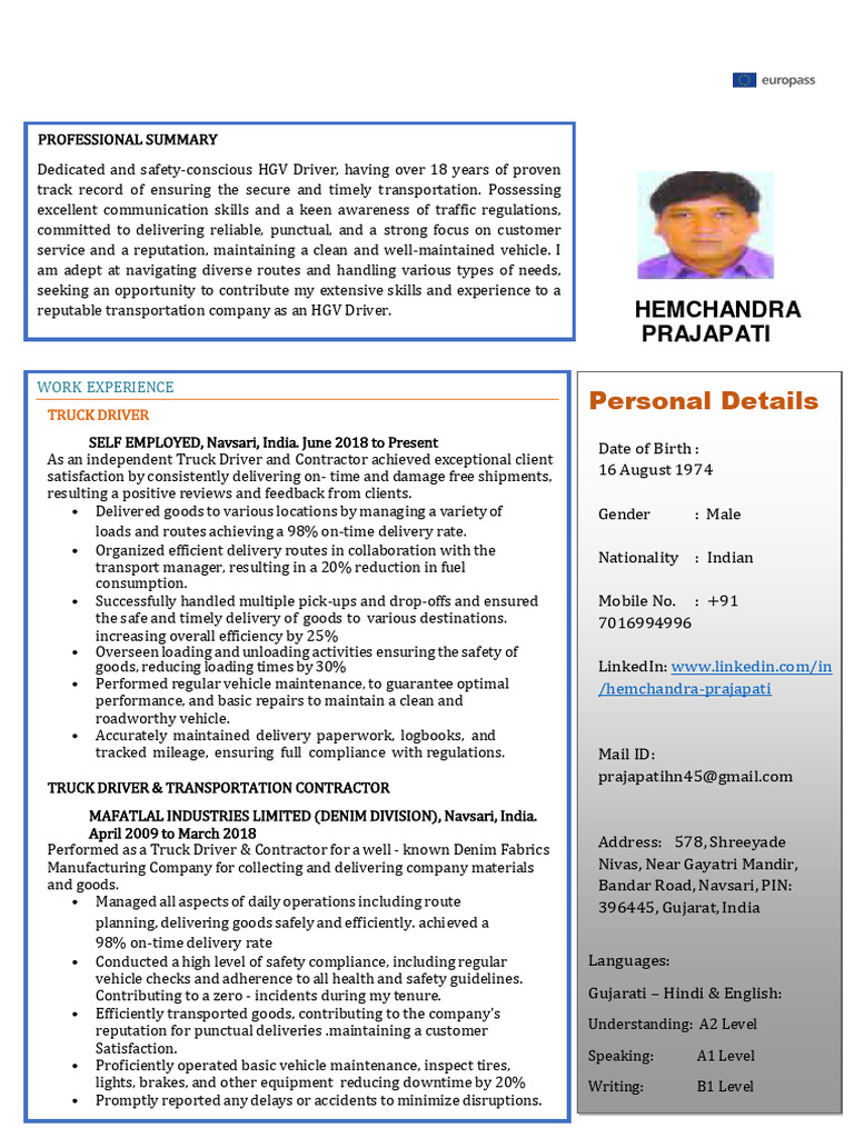 Hemchandra Prajapati Europass CV | PDF | Truck Driver | Truck