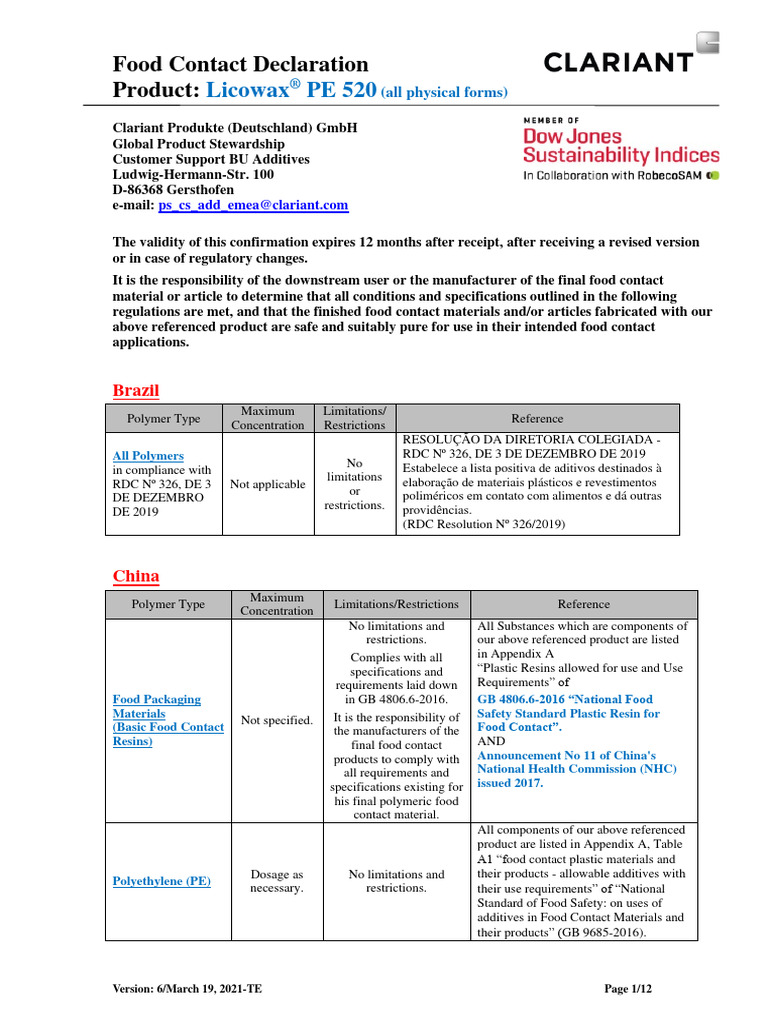 Licowax PE 520 (All Physical Forms) - Food Contact Information 2021 ...