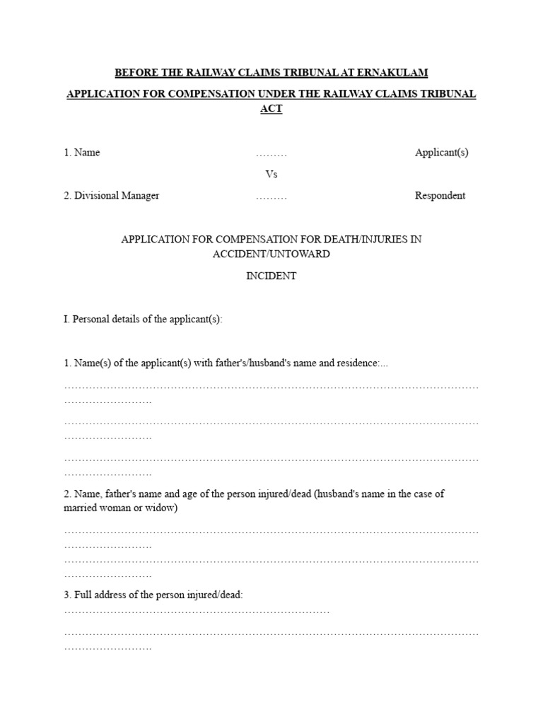 Proforma For Application For Compensation Under The Railway Claims Tribunal Act | Download Free ...