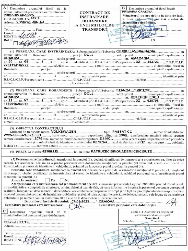 Contract Instrainare-Dobandire Mijl Transp | PDF