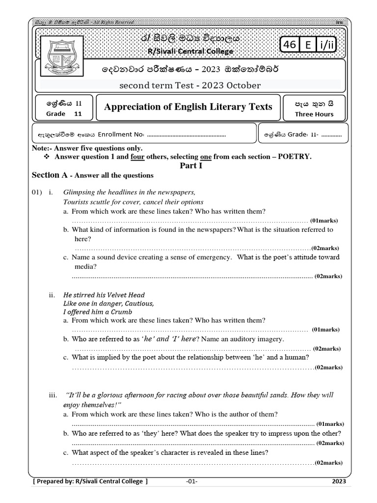 English Literature - Grade 11 - Second Term Test 2023 - Sivali MV ...