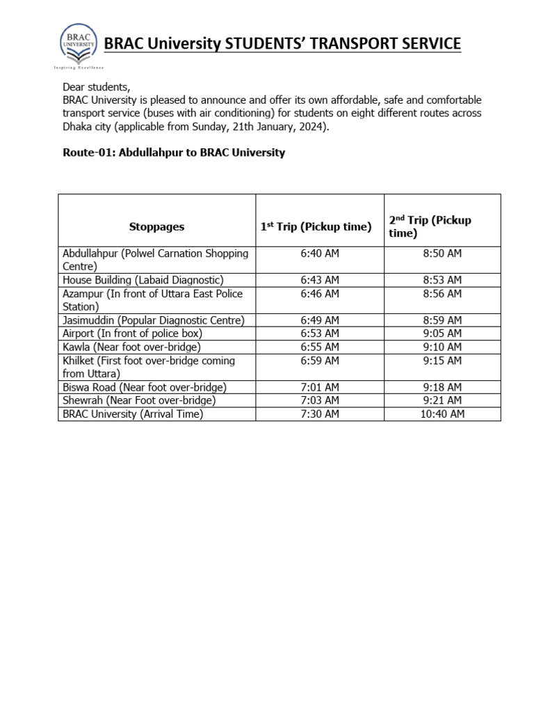 Student's Transport Service Schedule For Spring-2024 Semester-09012024 ...
