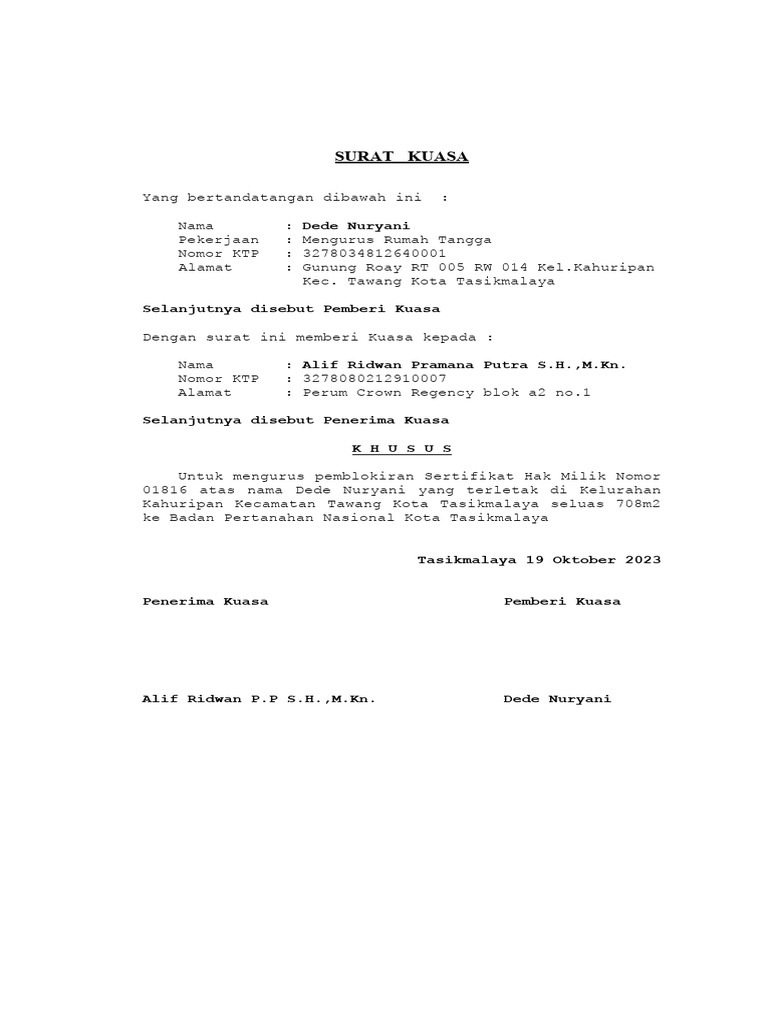 Surat Kuasa Blokir SHM | PDF