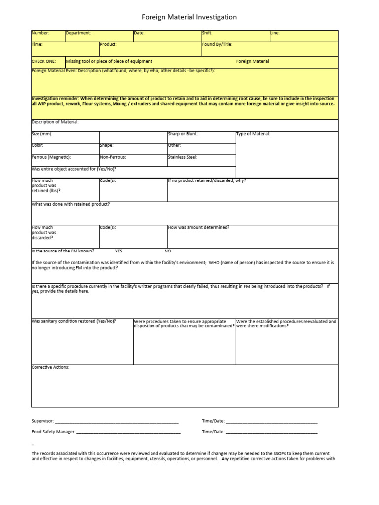 Foreign Material Investigational Form | PDF | Business | Wellness