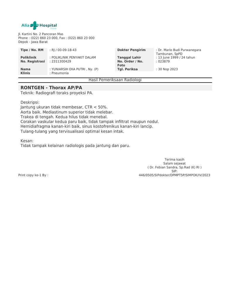 Hasil Rontgen Thorax Normal Pneumonia | PDF