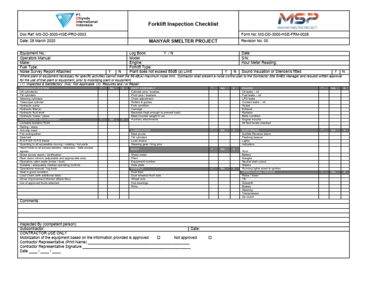 MS DD 3000 HSE FRM 0028 Forklift Inspection Checklist | PDF | Forklift | Steering