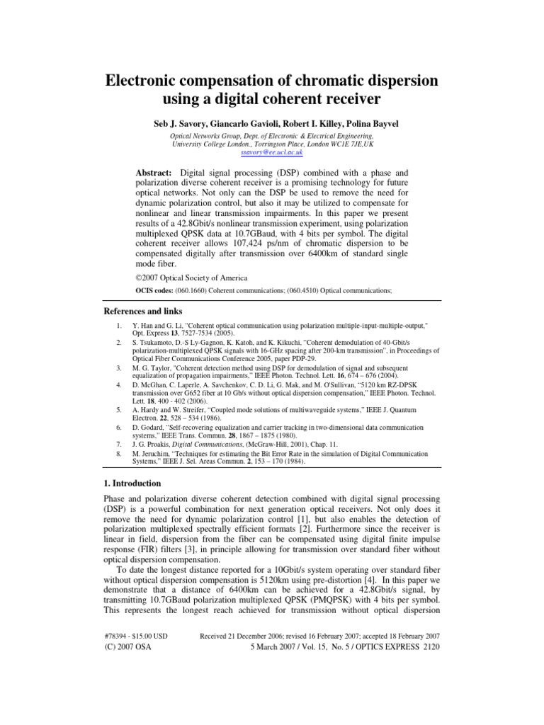 Electronic compensation of chromatic dispersion using a digital coherent receiver | PDF ...