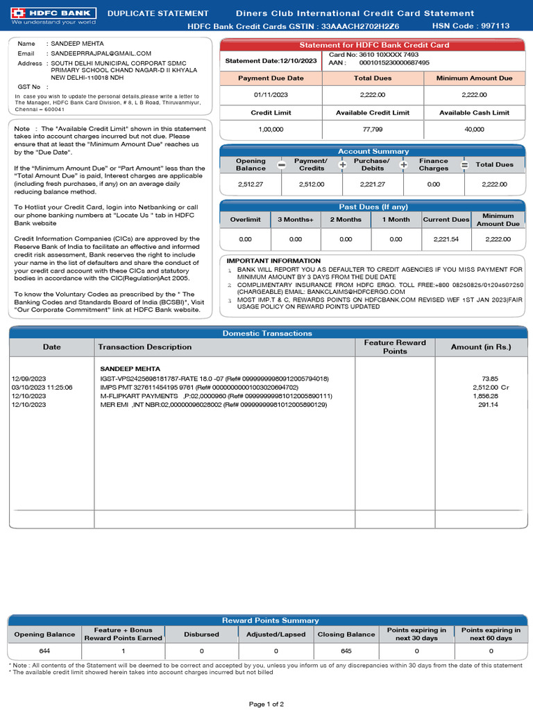HDFC Bank Credit Card Statement Summary | PDF | Credit Card | Banks
