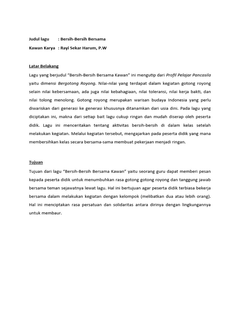 Latar Belakang Dan Tujuan Pembuatan Lagu Bersih-Bersih Bersama Kawan | PDF