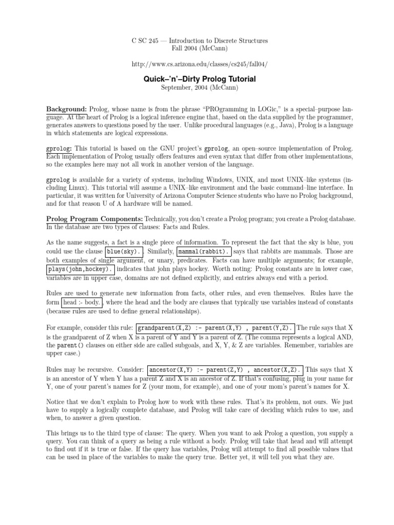 Prolog Intro | PDF | Computing | Computer Programming Prolog Intro | PDF | Computing | Computer Programming