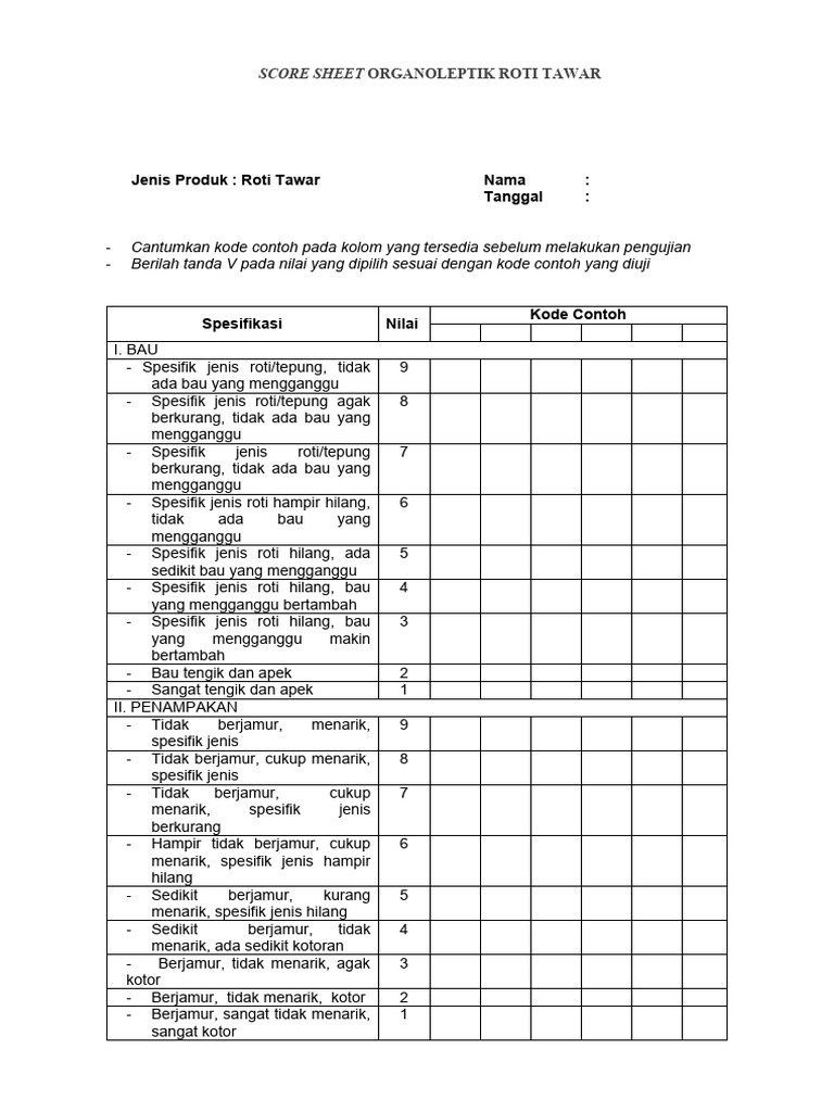 Score Sheet Organoleptik Roti Tawar | PDF