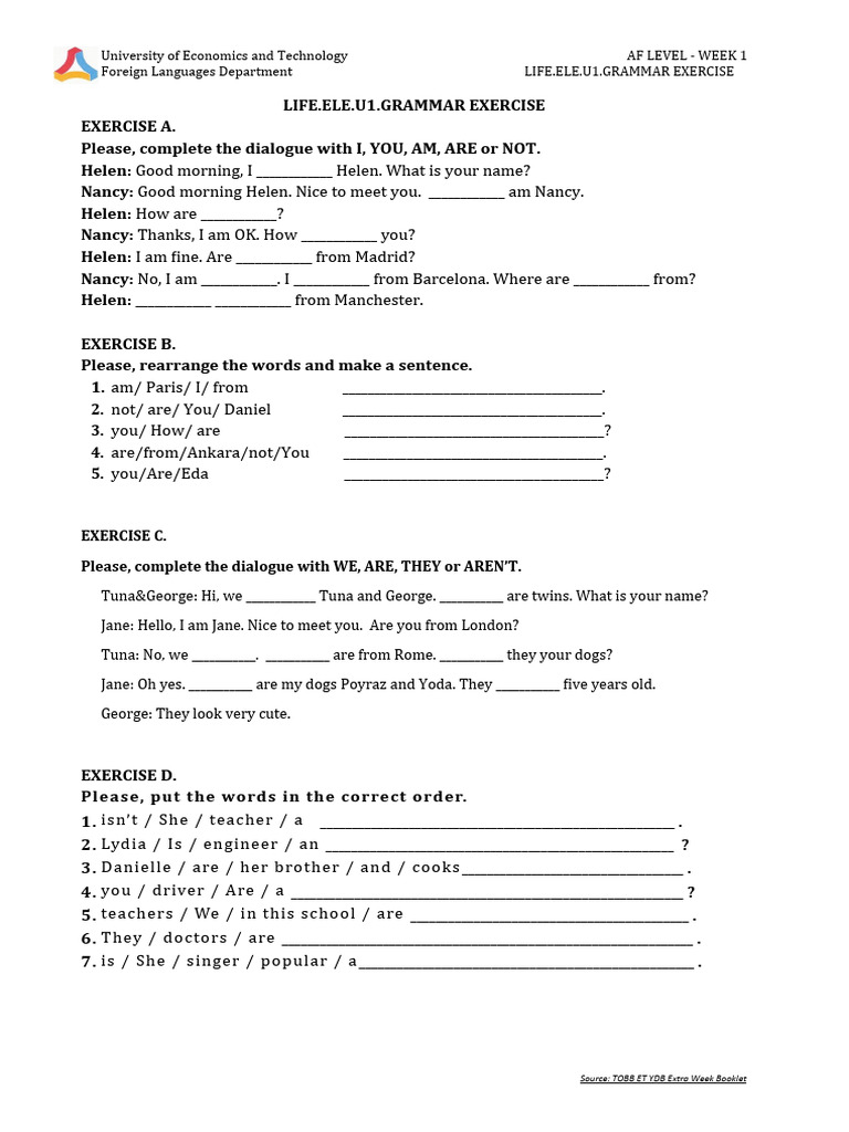 LIFE - Ele.u1 Grammar Exercise | PDF | Human Communication | Grammar