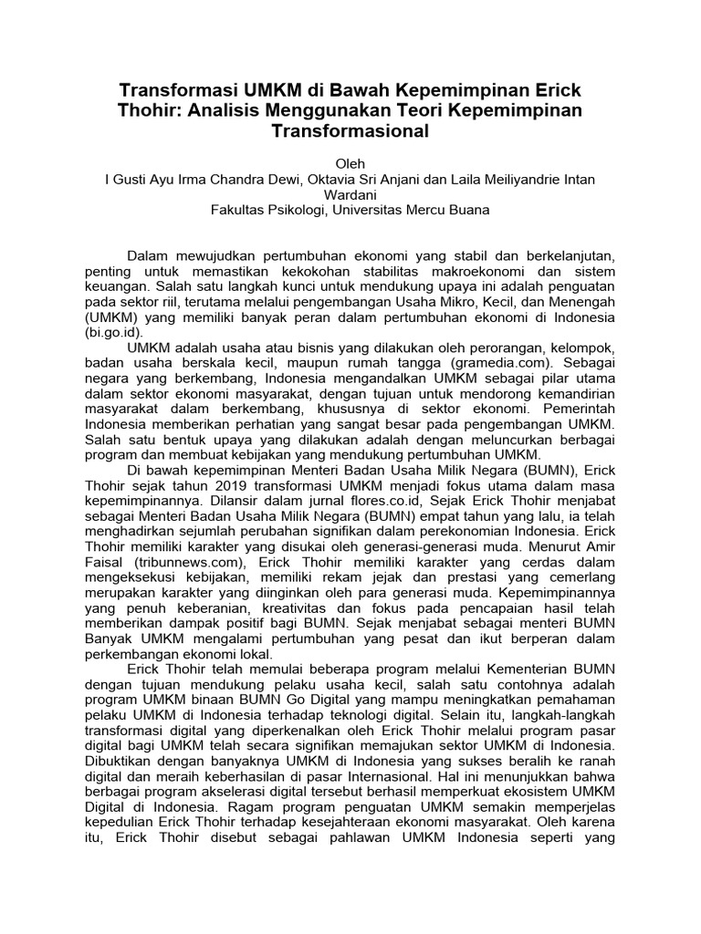 Transformasi UMKM Di Bawah Kepemimpinan Erick Thohir Analisis Menggunakan Teori Kepemimpinan ...