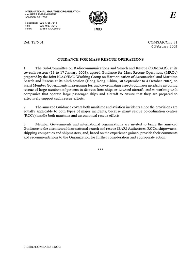 COMSAR.1-Circ.31 - Guidance For Mass Rescue Operations | Download Free PDF | Incident Command ...