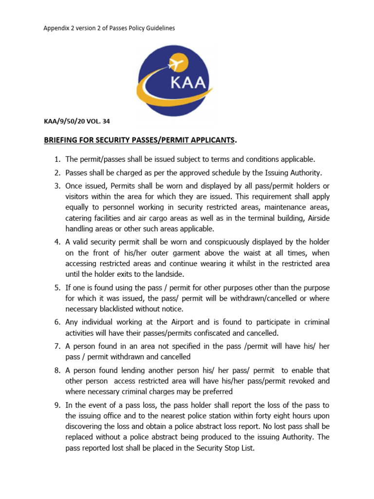 Security Passes Policy Guidelines | PDF | Airport | Public Law