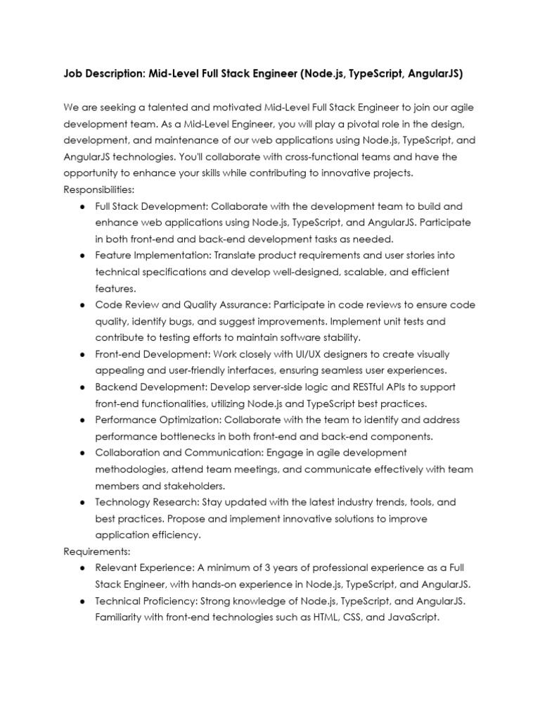 Job Description - Mid-Level Full Stack Engineer (Node | PDF | Angular Js | Computing