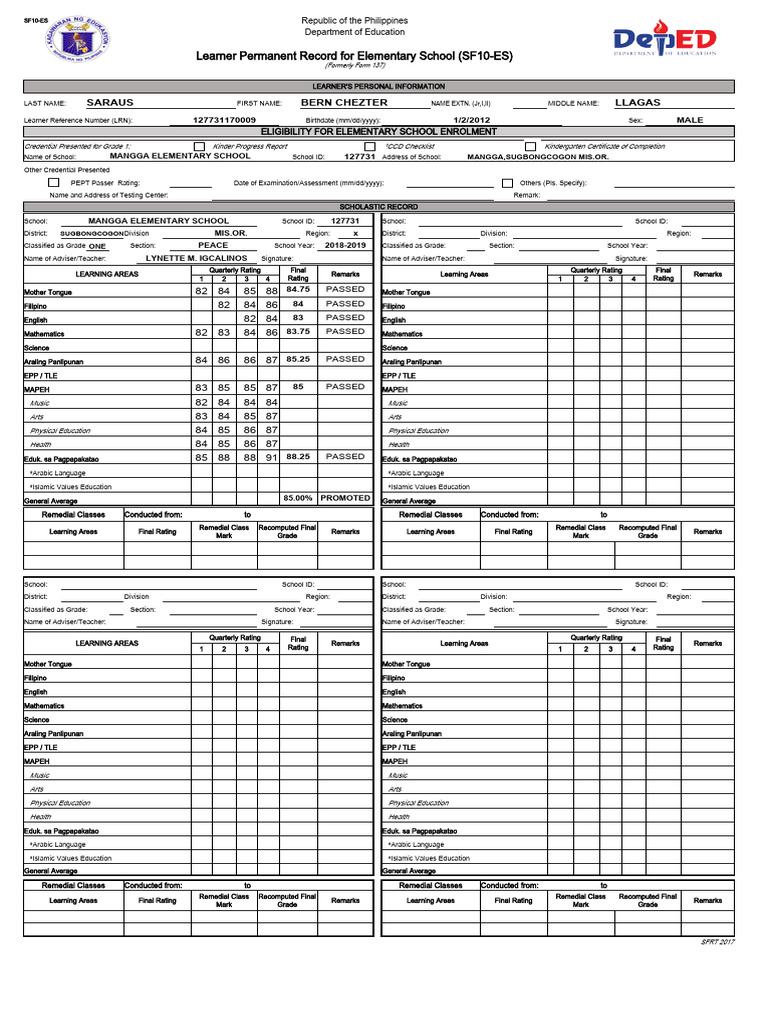 School Form 10 ES Learners Permanent Record (1) | PDF