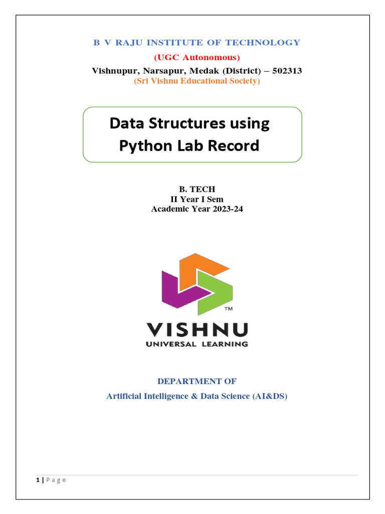 Data Structures Using Python Lab Record: Vishnupur, Narsapur, Medak (District) - 502313 | PDF ...