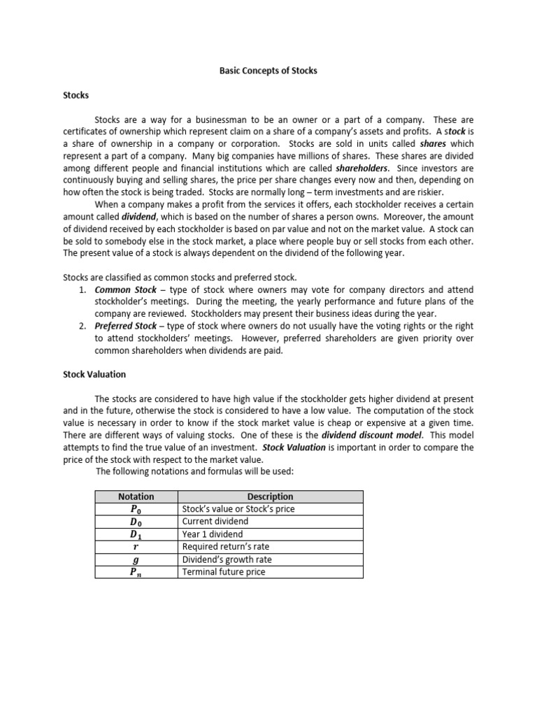 Basic Concepts of Stocks | PDF | Stocks | Dividend