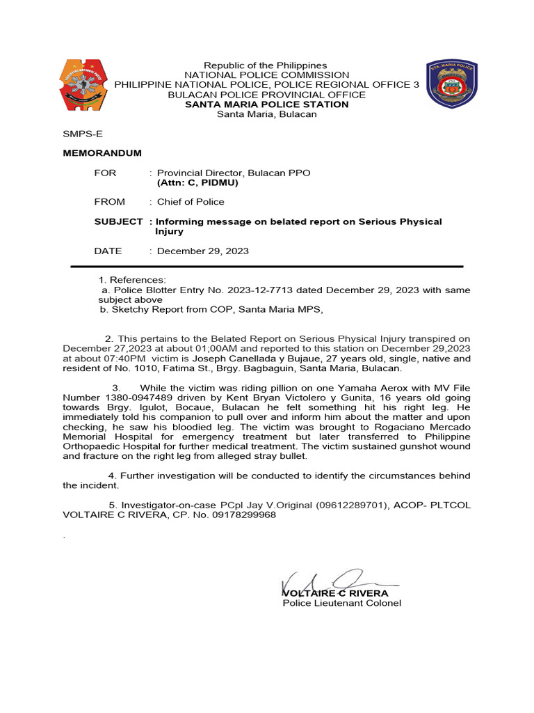 Informing Message On Belated Report On Serious Physical Injury. | PDF ...