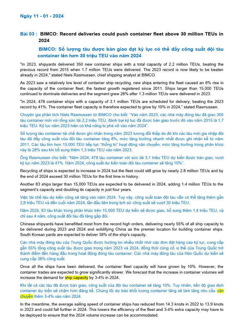11.01.24 - Bai 4 - BIMCO - Record Deliveries Could Push Container Fleet ...