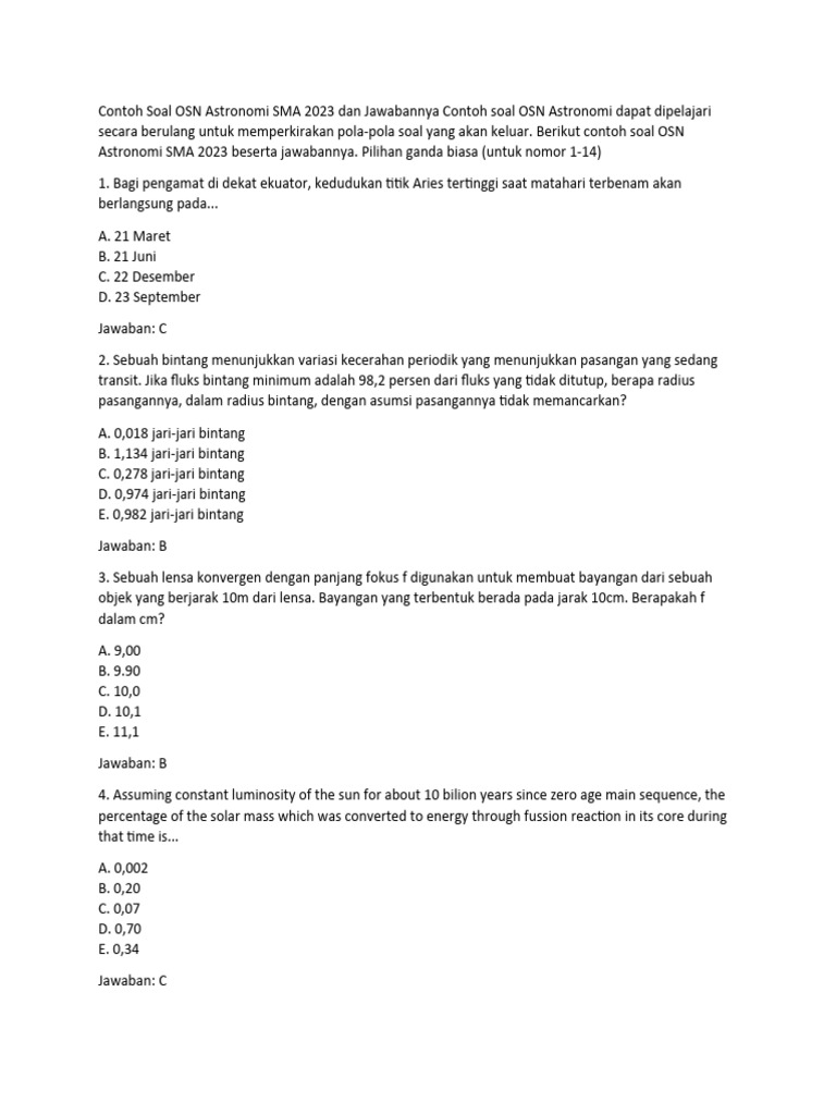 Contoh Soal OSN Astronomi SMA 2023 Dan Jawabannya Contoh Soal OSN Astronomi Dapat Dipelajari ...