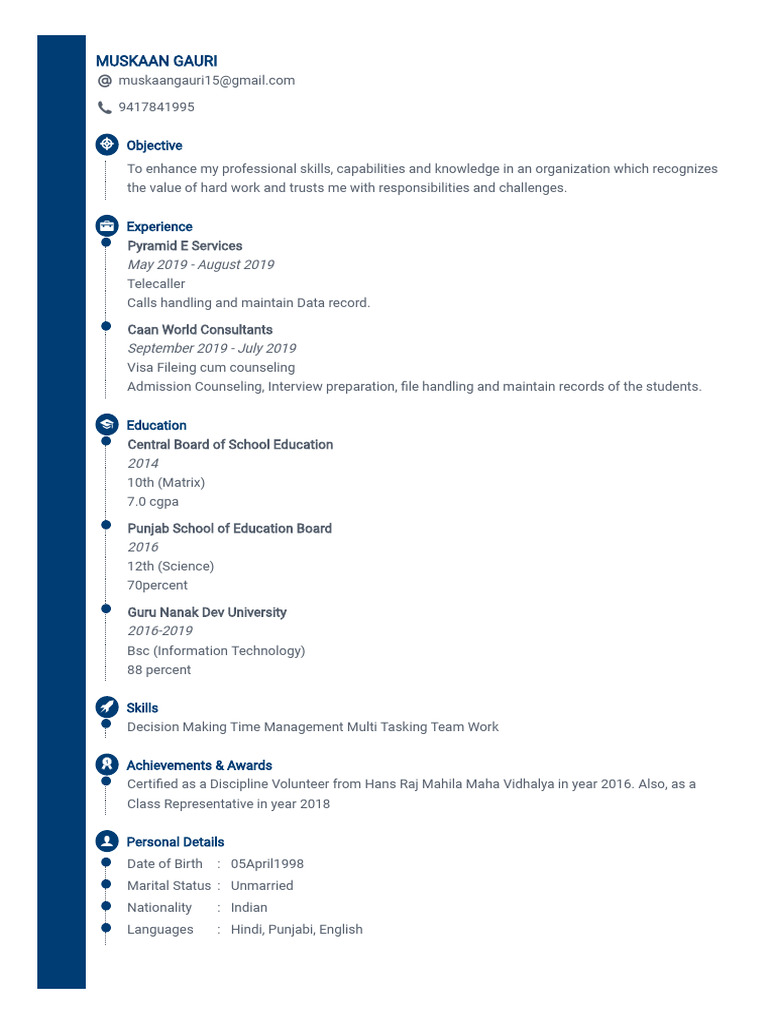 Resume of Muskaan Gauri - IT Graduate | PDF | Career & Growth
