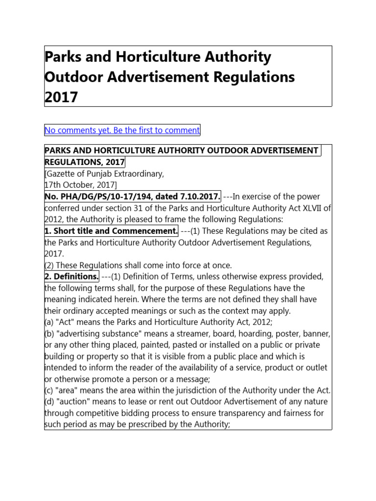 Parks and Horticulture Authority Outdoor Advertisement Regulations 2017 ...