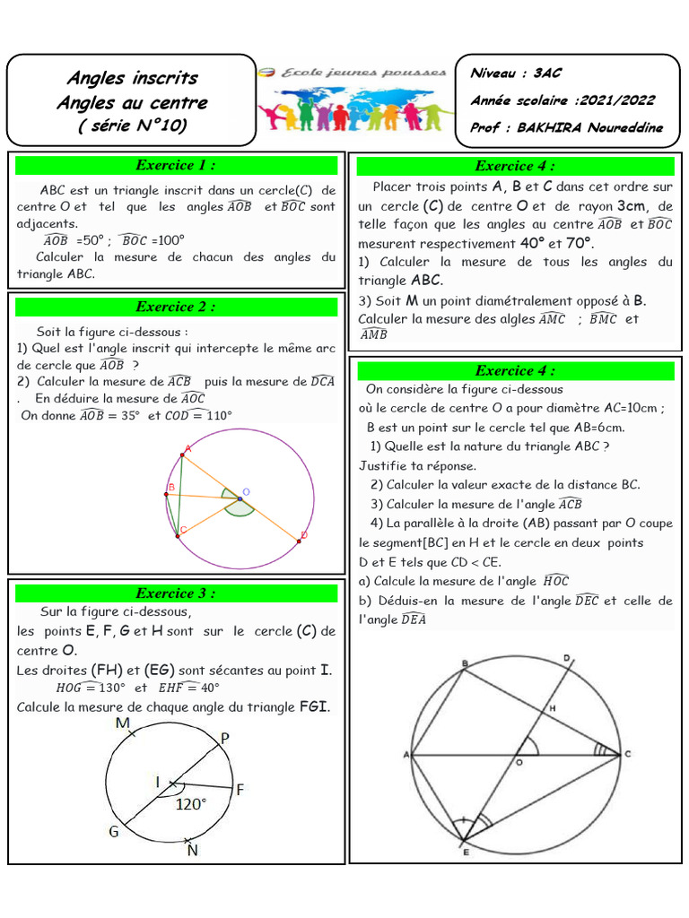 Angle Au Centre Et Angle Inscrit Serie Dexercices Maths 3AC PDF 4 | PDF ...