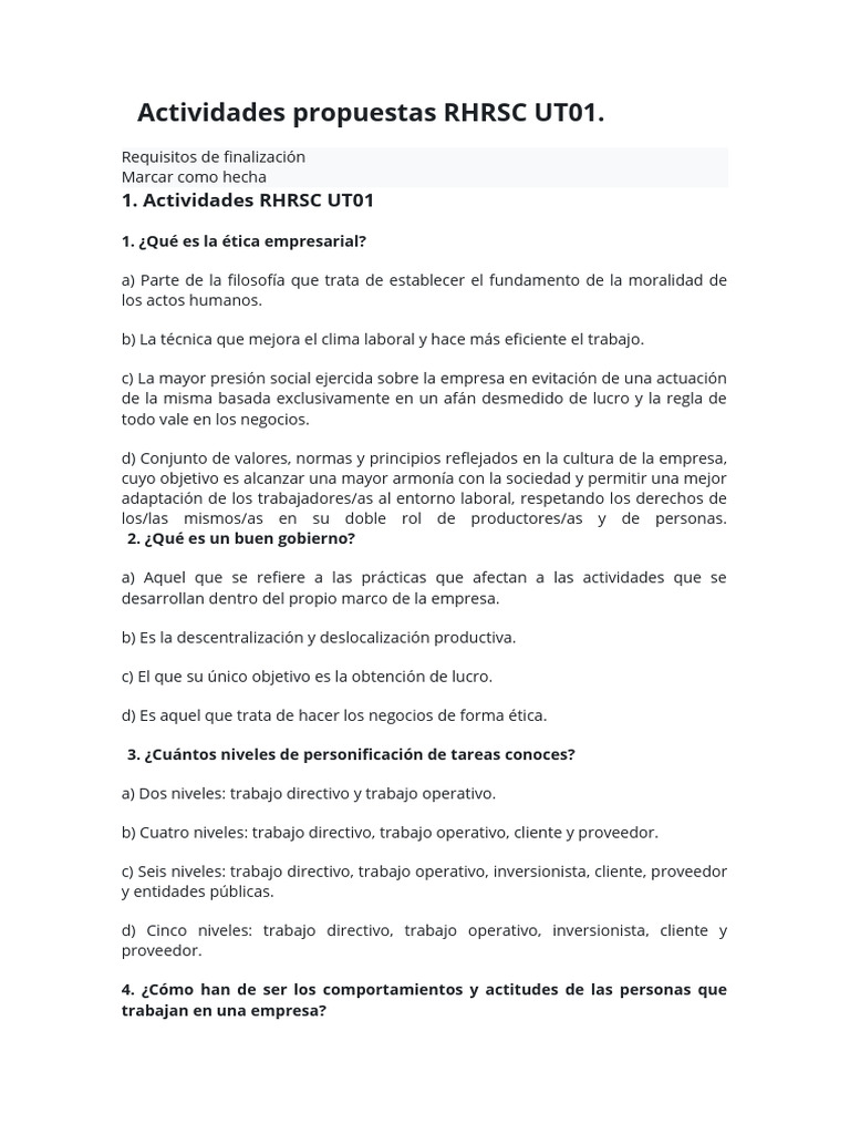Actividades Propuestas RHRSC UT01 | PDF | Business | Responsabilidad social corporativa