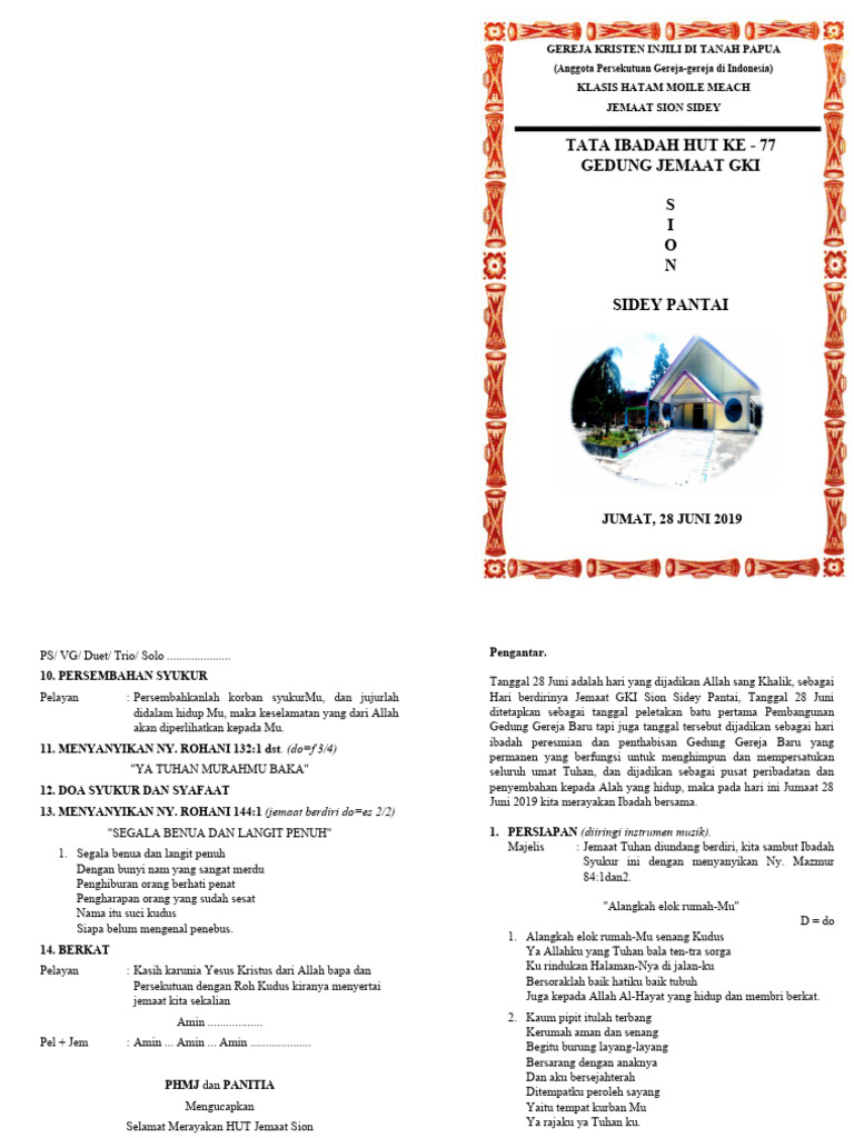 Tata Ibadah Hut Ke - 77 Gedung Jemaat Gki S I O N Sidey Pantai | PDF