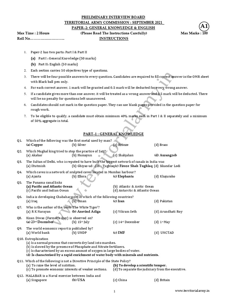 Indian Territorial Army 2021 Paper 02 | PDF
