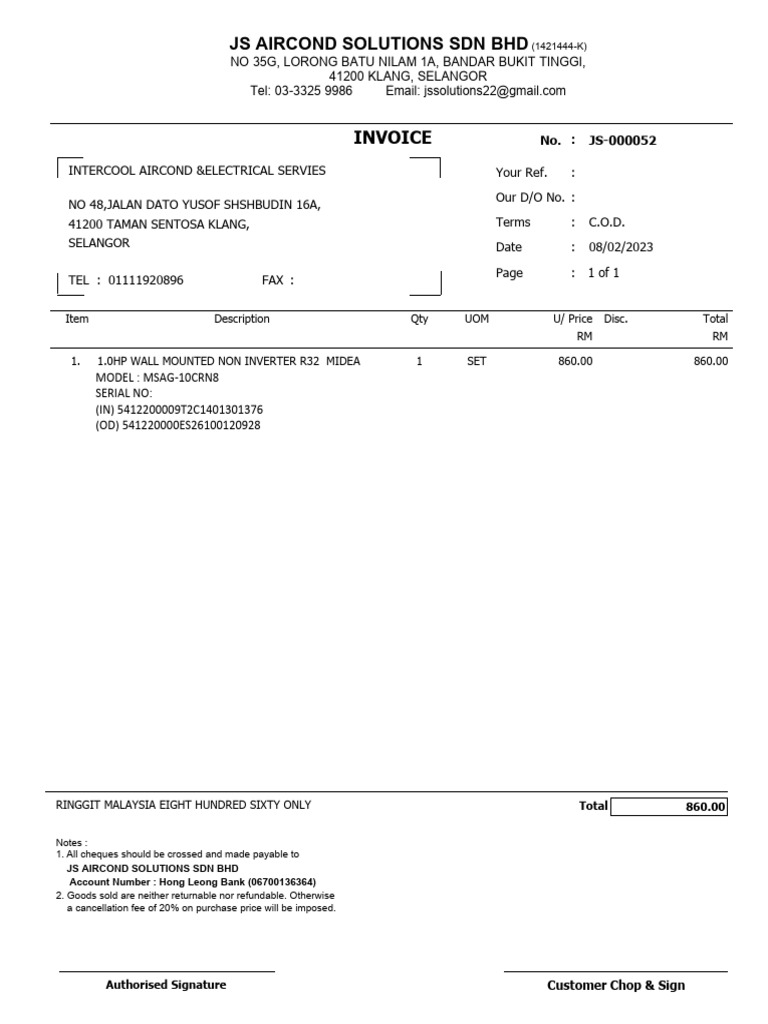 Invoice: Js Aircond Solutions SDN BHD | PDF