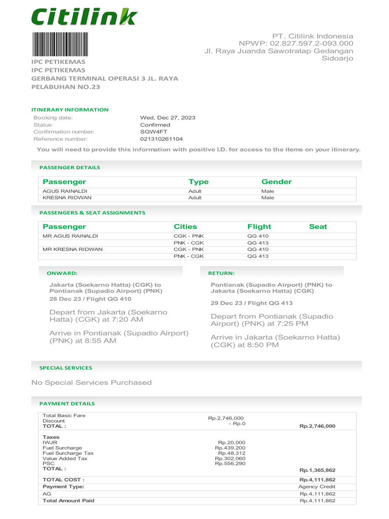 Citilink Ticket - SGW4FT | PDF | Economies | Transport