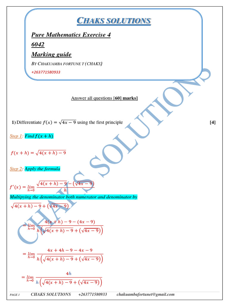 Exercise 4 - Answers Chaks Pure Mathematics | PDF