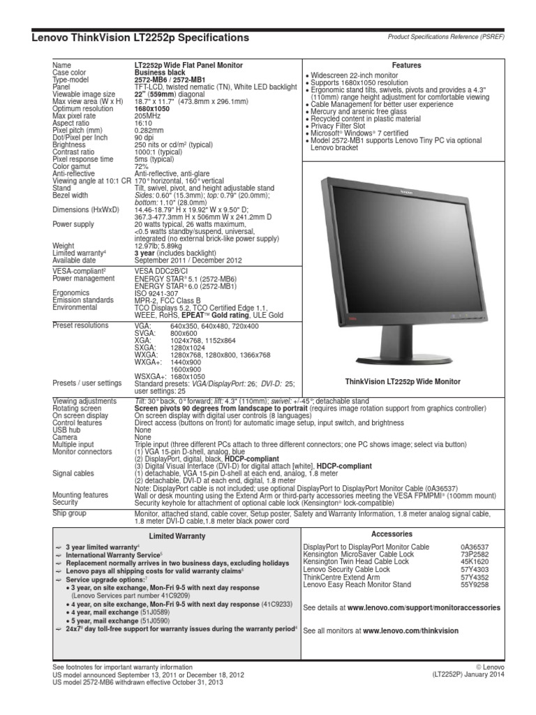 ThinkVision LT2252p Spec | PDF | Computer Monitor | Pixel