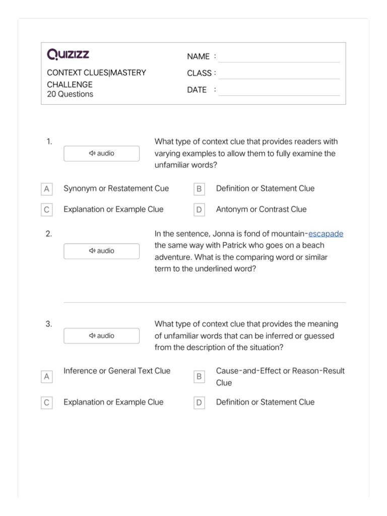 Context Clues - Mastery Challenge | PDF