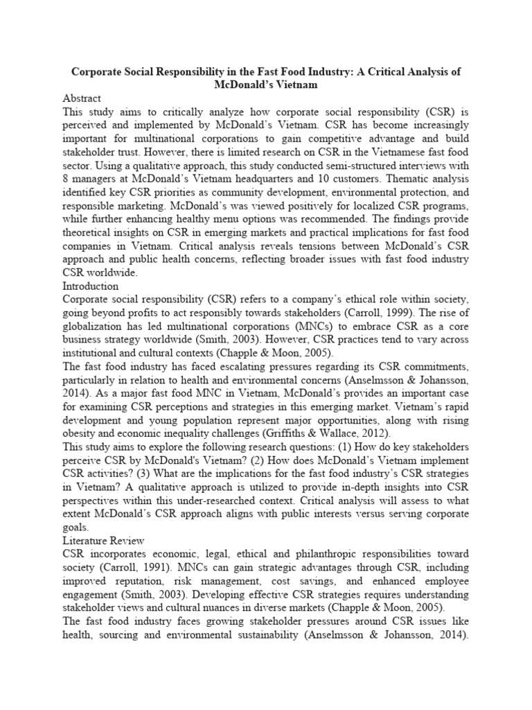 Corporate Social Responsibility in the Fast Food Industry | PDF ...