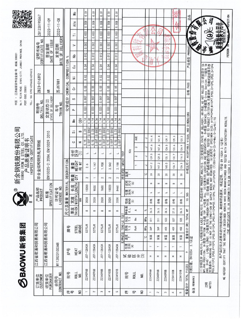 S275JR 8MM Thick Tank Plates Materials Test Certificates - ZB123X195567 ...