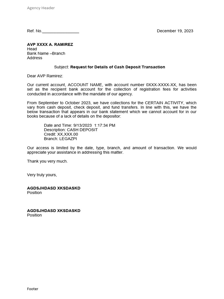 Letter Request To Bank Requesting Transaction Details - Cash Deposit ...
