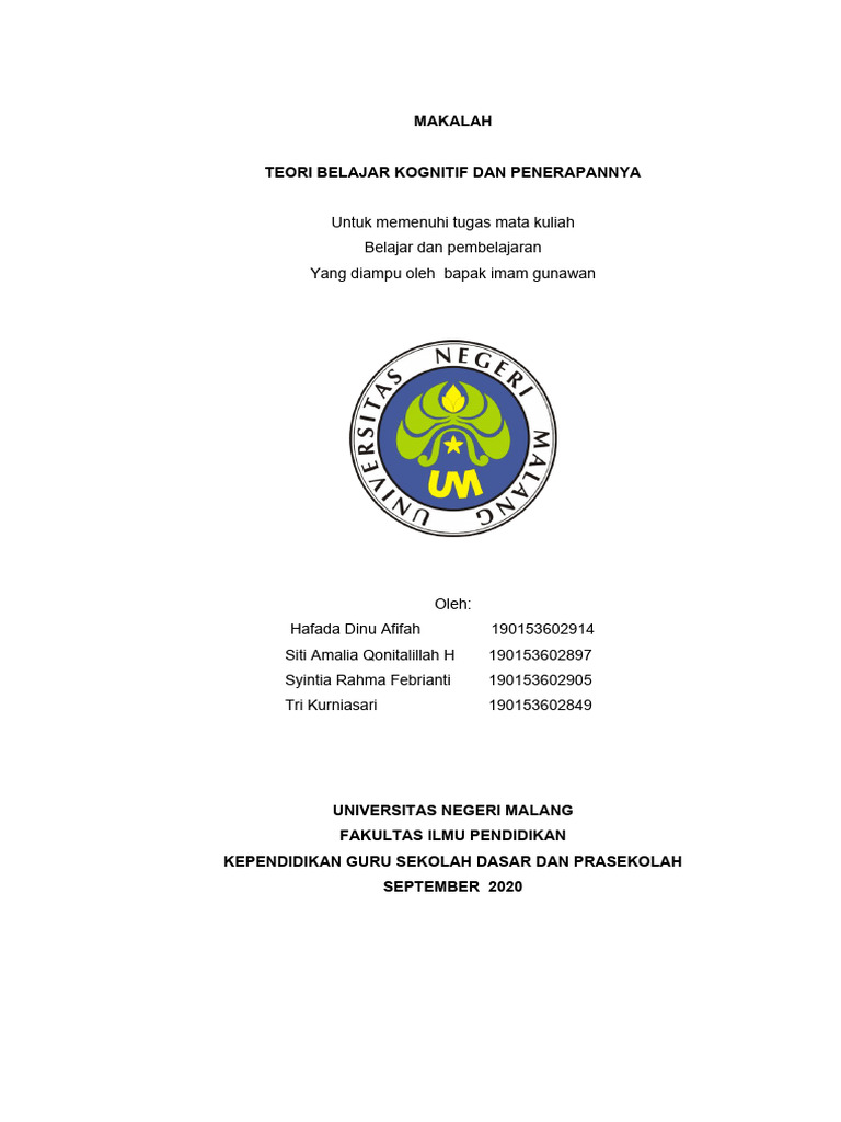 Makalah Teori Belajar Kognitif Dan Penerapannya (Kelompok) | PDF Makalah Teori Belajar Kognitif Dan Penerapannya (Kelompok) | PDF